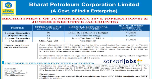 BPCL Recruitment 2022 for Various Junior Executives, Accounts, Operations and Other Posts ...