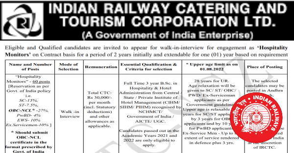 IRCTC Recruitment 2022 for Hospitality Monitors Posts - Railway Recruitment